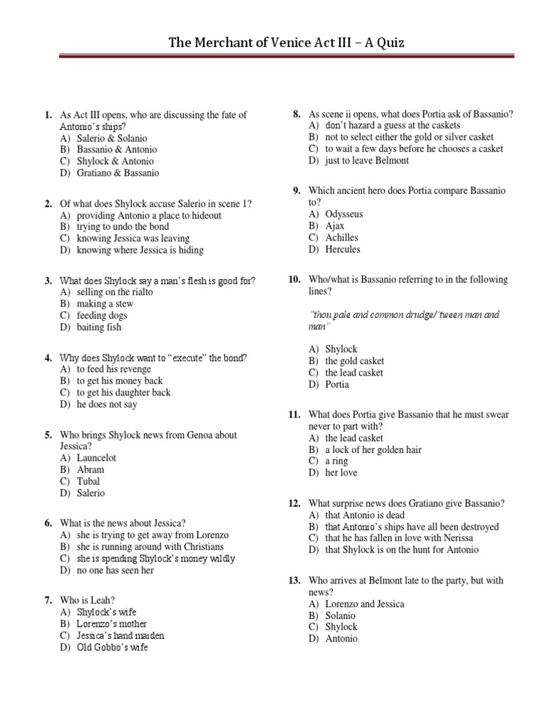 Act III Quiz: The Merchant of Venice | PDF | The Merchant Of Venice ...