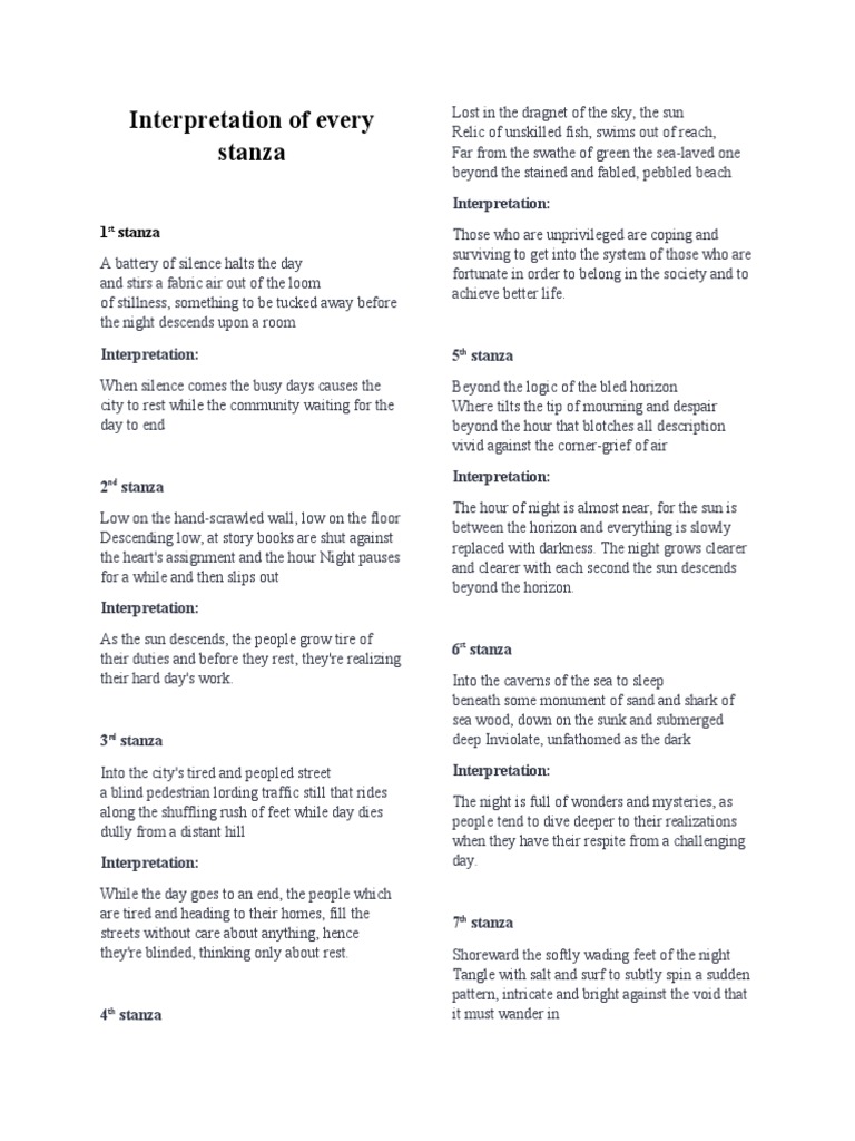 Interpretation of Every Stanza and Objectives Dusk by Carlos Angeles | PDF