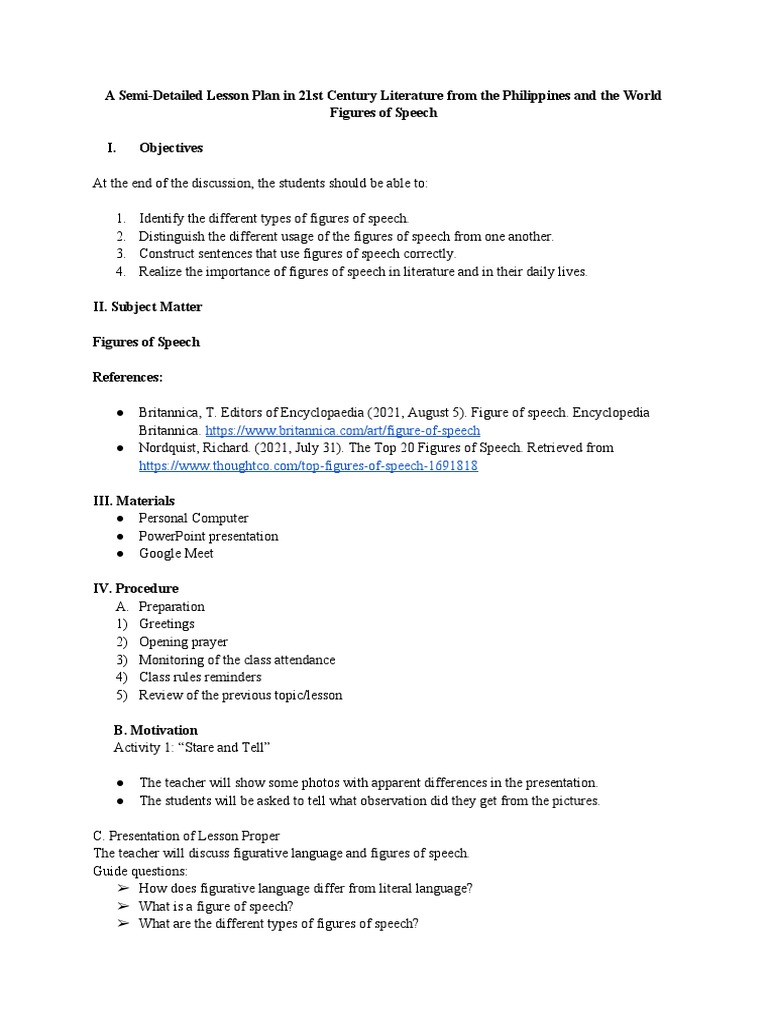 A Semi-Detailed Lesson Plan in 21st Century Literature From The ...