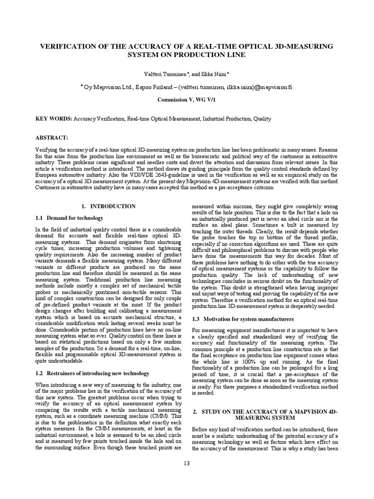 Verification of Accuracy of A Real-Time Optical 3d-Measuring System On ...