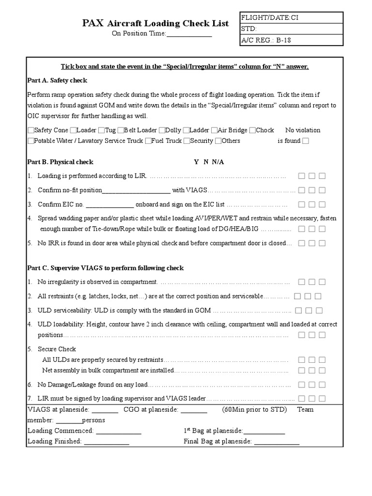 F-F7014 Pax A-C Loading Cklist | PDF | Aviation | Manufactured Goods