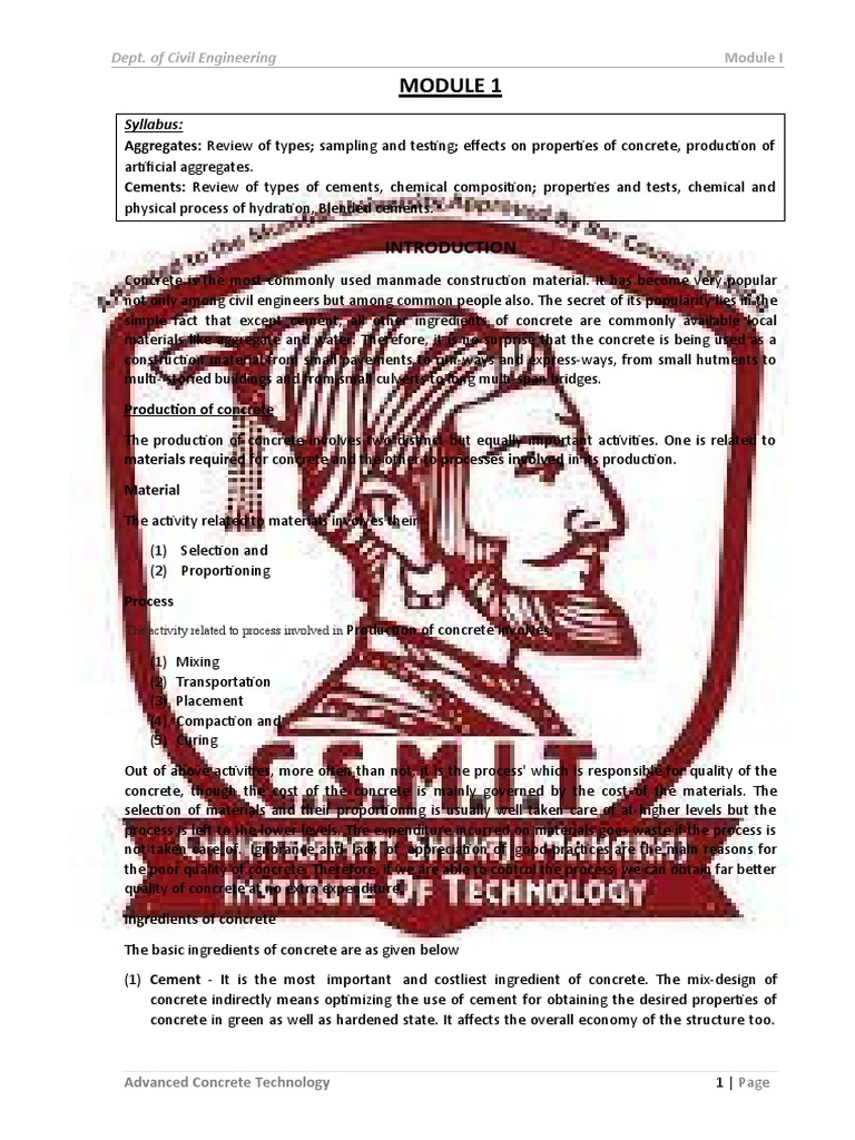 Module 1 (Ce 361 - Advanced Concrete Technology) | PDF | Cement | Concrete