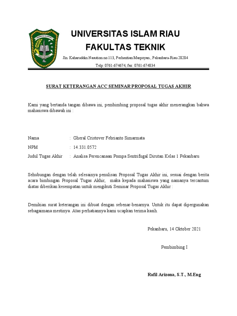 Surat Keterangan Acc Proposal Tugas Akhir | PDF