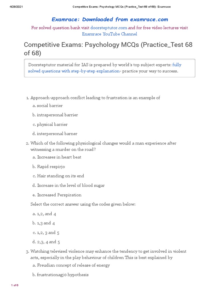 Psychology MCQs Practice Test 68 | PDF | Reinforcement | Learning