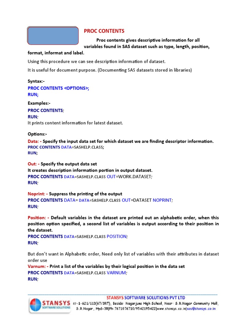 Proc - Contents | PDF | Sas (Software) | Information
