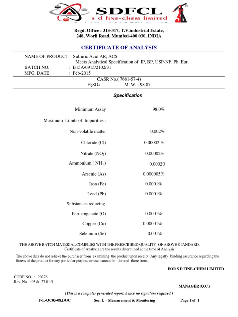 Certificate of Analysis: Regd. Office: 315-317, T.V.industrial Estate ...