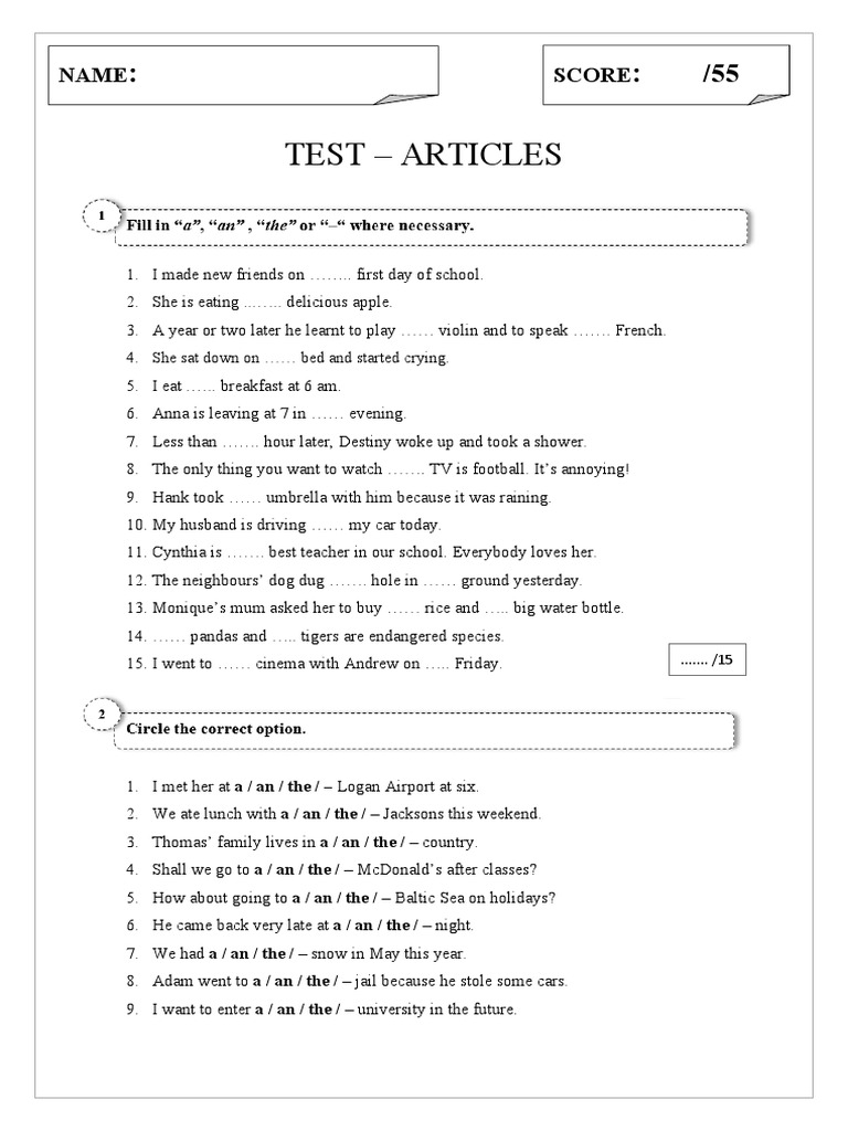 Test - Articles: Name Score | PDF
