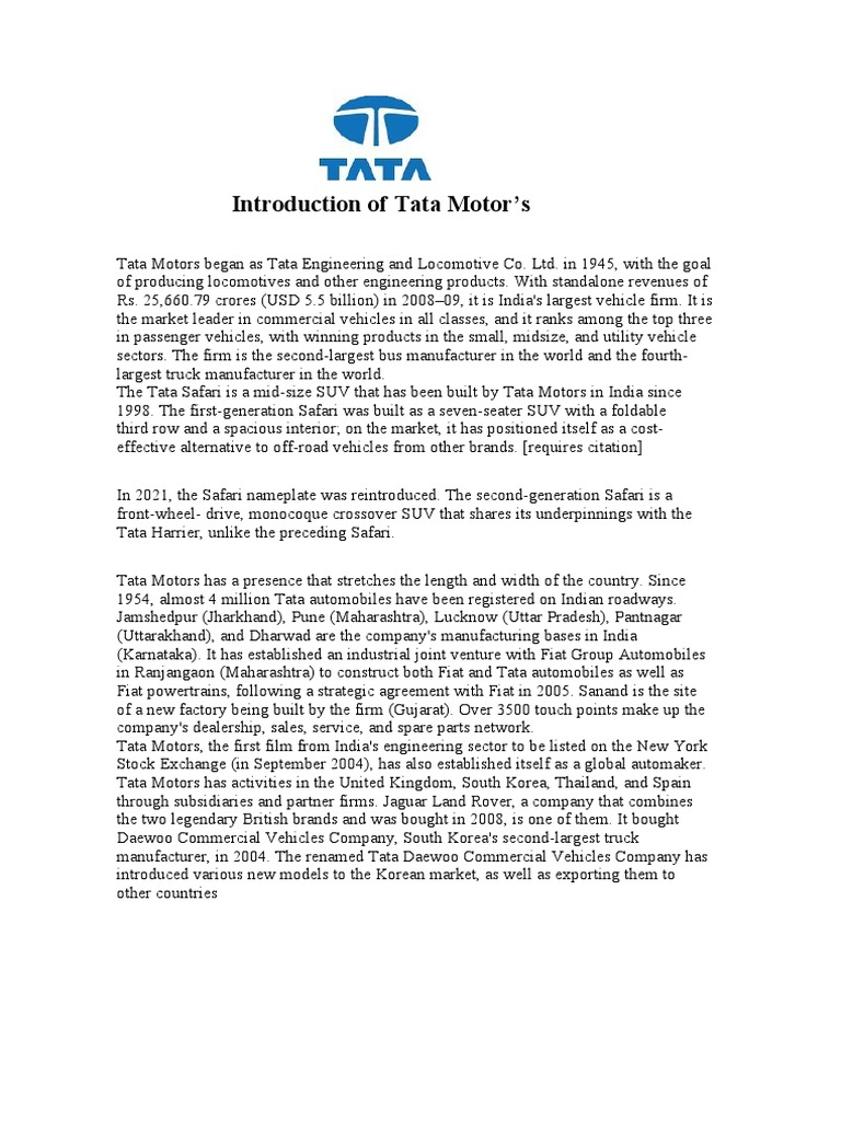 Overview of Tata Motors' History and Impact | PDF | Car | Wheeled Vehicles