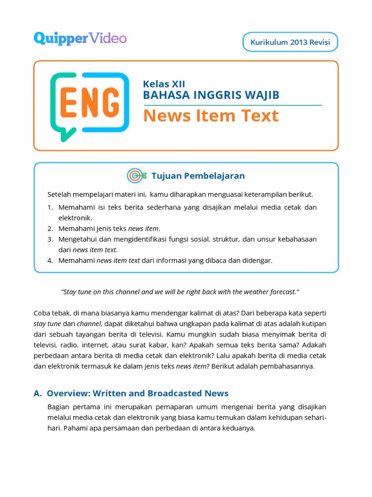 Textbook G12 Bahasa Inggris Wajib News Item Text | PDF