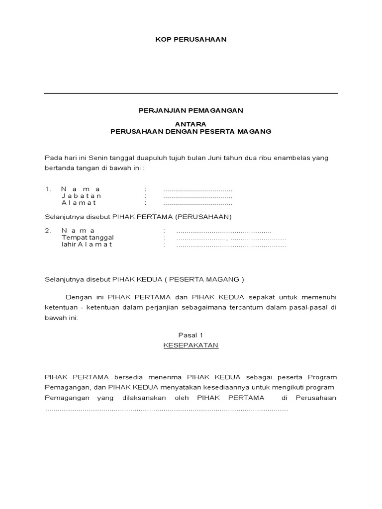 Contoh Perjanjian Magang 1 | PDF | Bisnis | Pengelolaan Keuangan & Uang