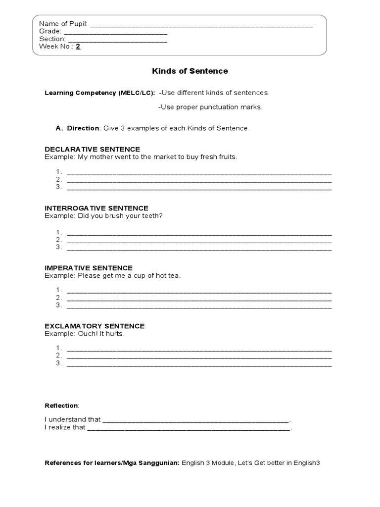 A. Direction: Give 3 Examples of Each Kinds of Sentence. Declarative ...