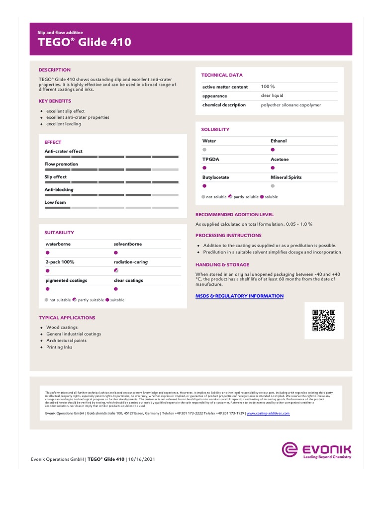 Tego® Glide 410 Description Technical Data Pdf Chemistry Materials 