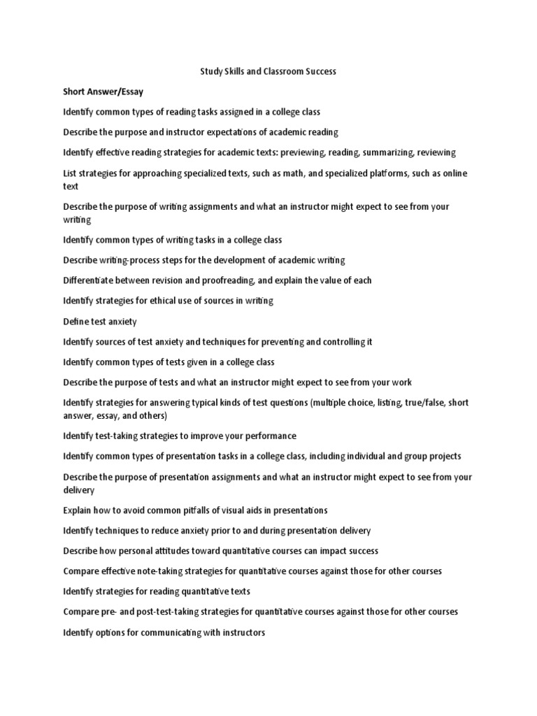 Study Skills and Classroom Success Test Questions | PDF | Academic ...