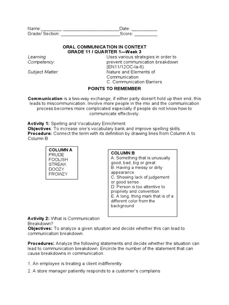 Oral Communication in Context - Week 3 | PDF | Communication | Cognition