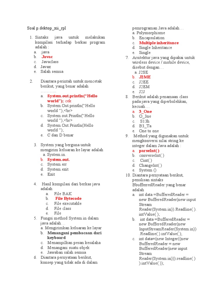 Soal Pemrograman Java XII RPL | PDF