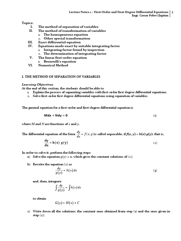 Lecture Notes 2 - Differential Equations 2020 | PDF | Equations ...
