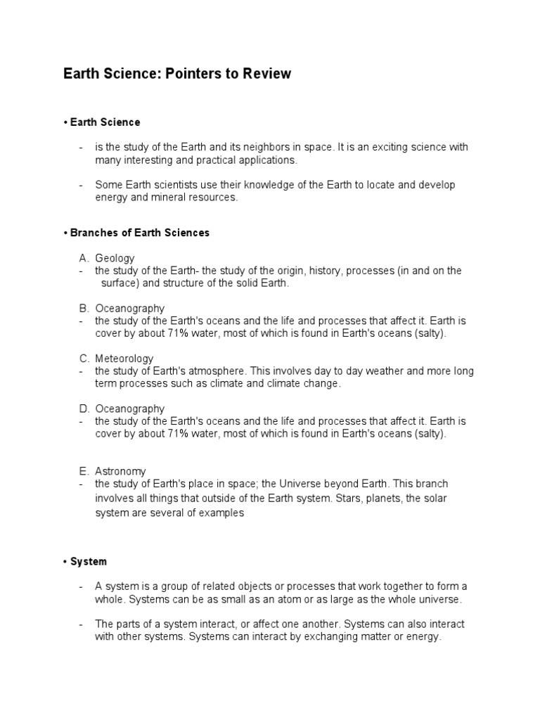 Earth Science: Pointers To Review: - System | PDF | Rock (Geology) | Earth