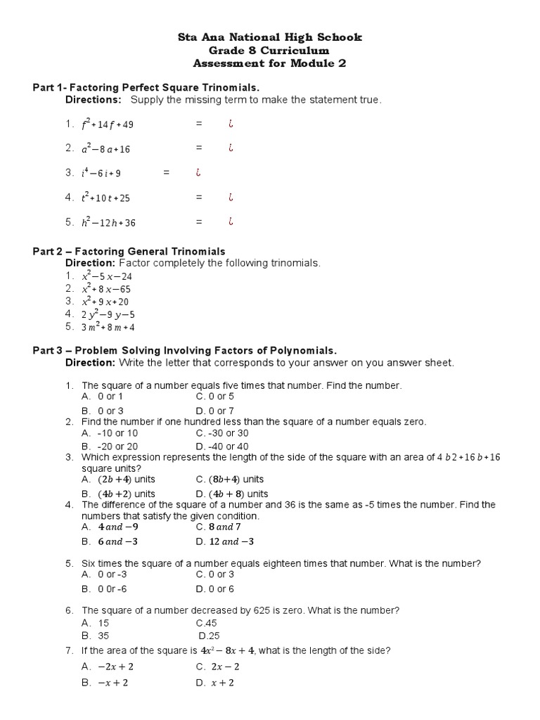 Grade 8 Module 2.3 Math Assessment | PDF | Factorization | Mathematical ...