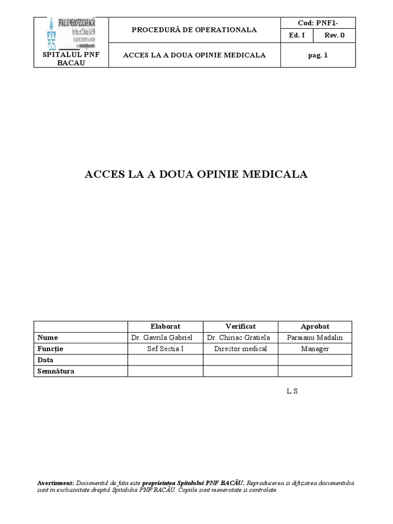 Procedura Operationala - Acces La A Doua Opinie Medicala | PDF