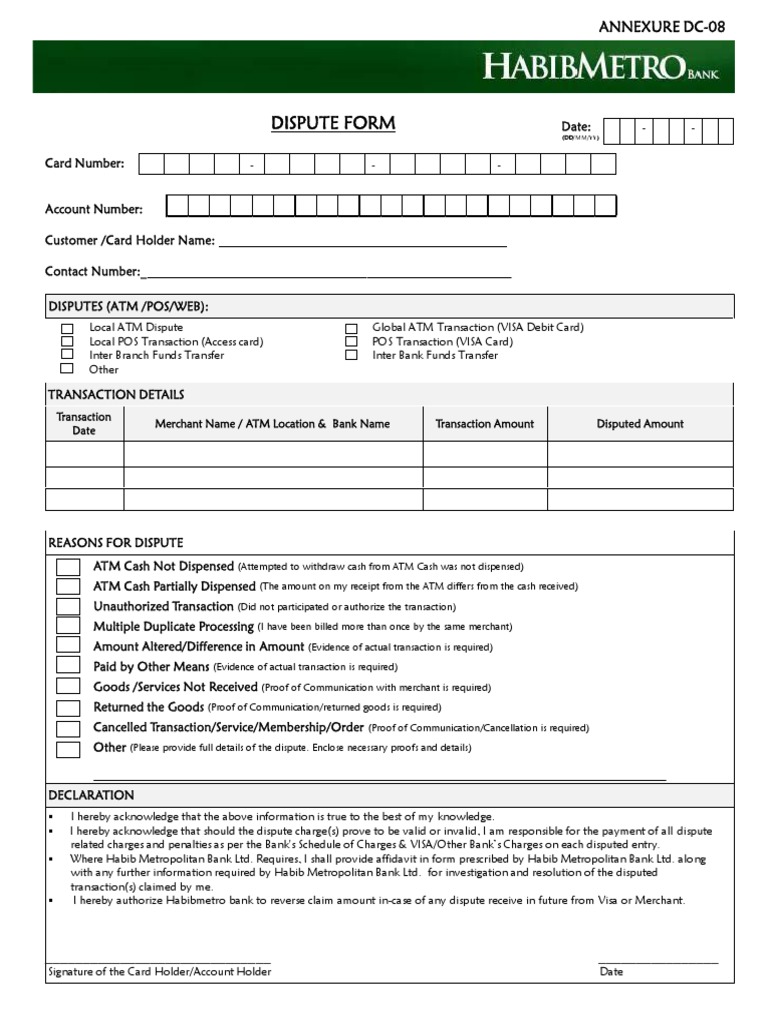 Dispute Form: Transaction Date Merchant Name / ATM Location & Bank Name ...
