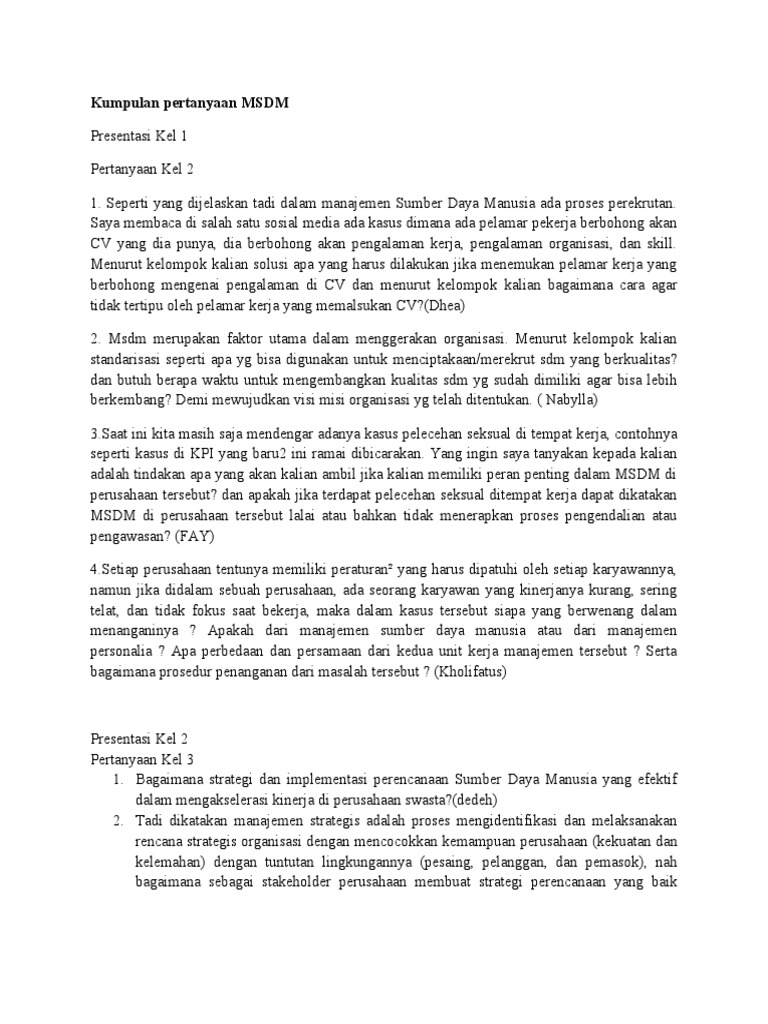 Kumpulan Pertanyaan MSDM | PDF | Bisnis | Pengembangan Diri