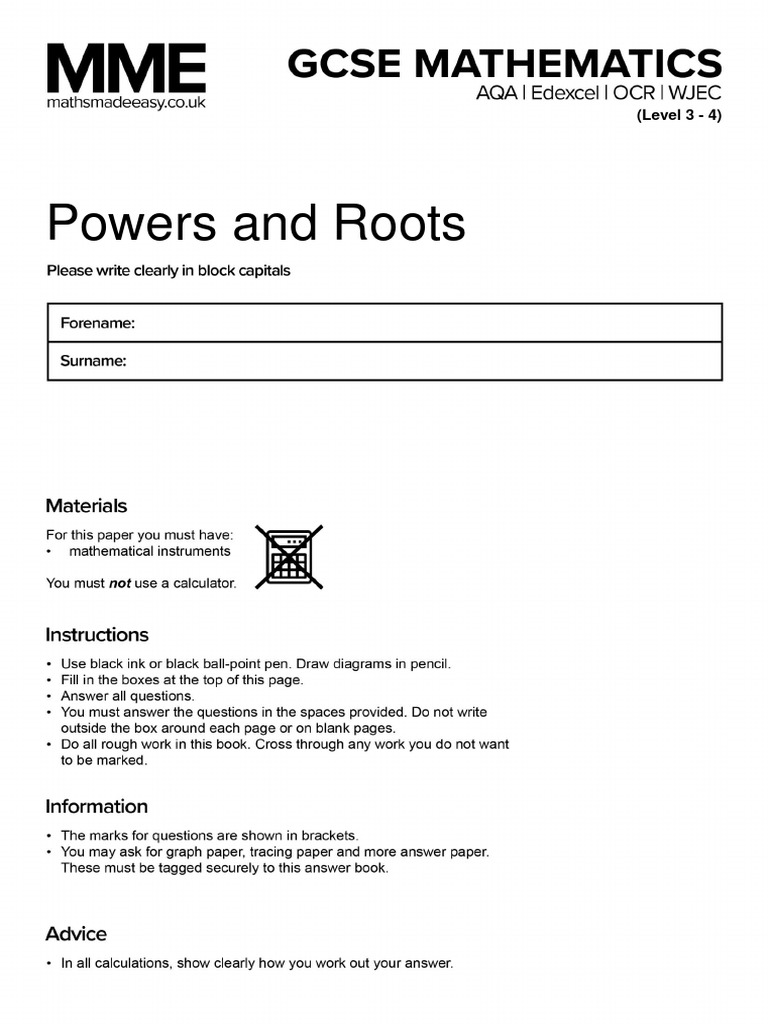 Powers and Roots Questions | PDF