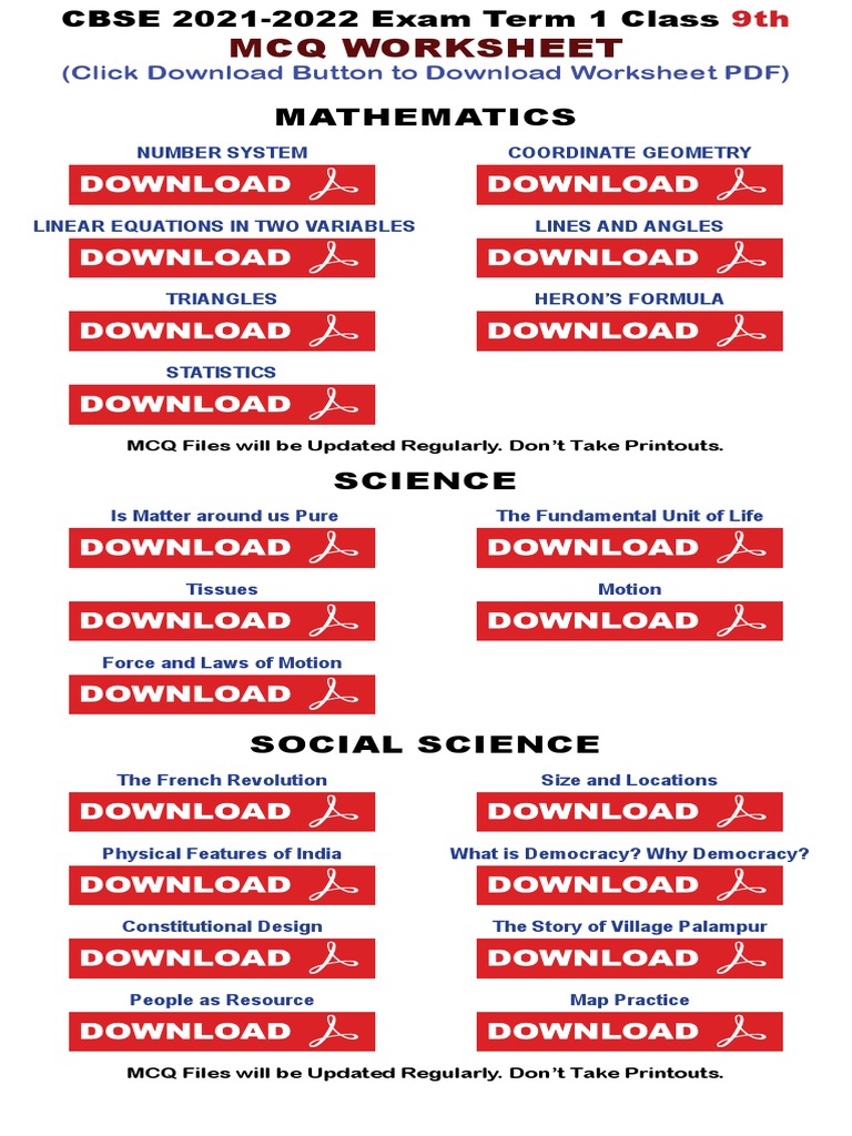 CBSE Class 9 Term 1 MCQ Worksheet | PDF