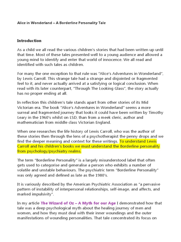 Alice in Wonderland | PDF | Borderline Personality Disorder | Alice ...