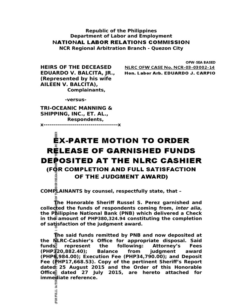 Ex-Parte Motion To Order Release - NLRC Cashier Full | PDF | Public Law | Judiciaries