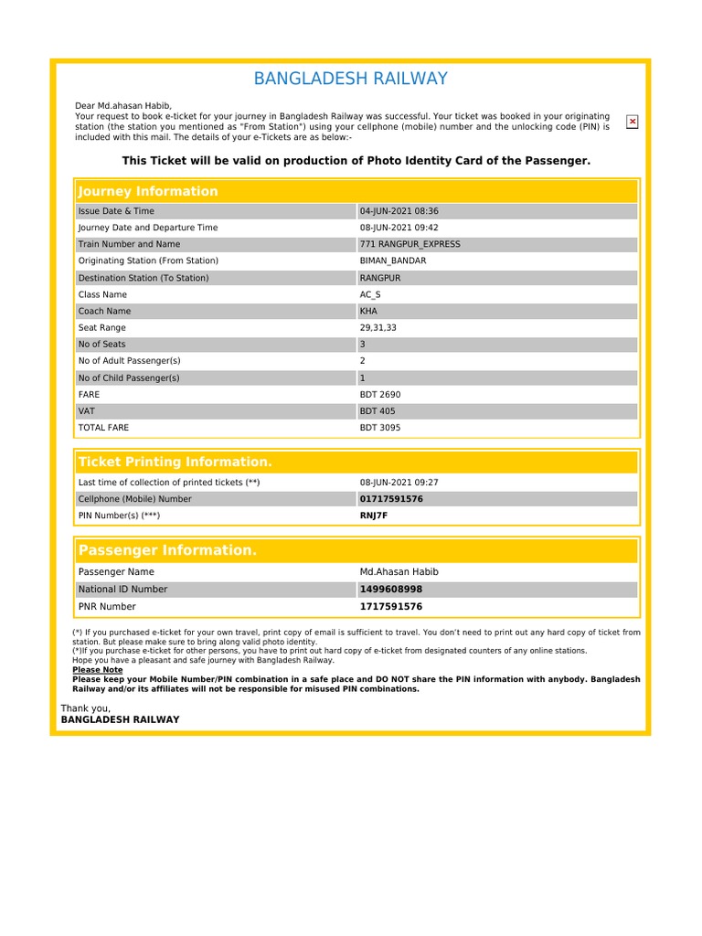 Bangladesh Railway E-Ticket Confirmation | PDF | Ticket (Admission ...