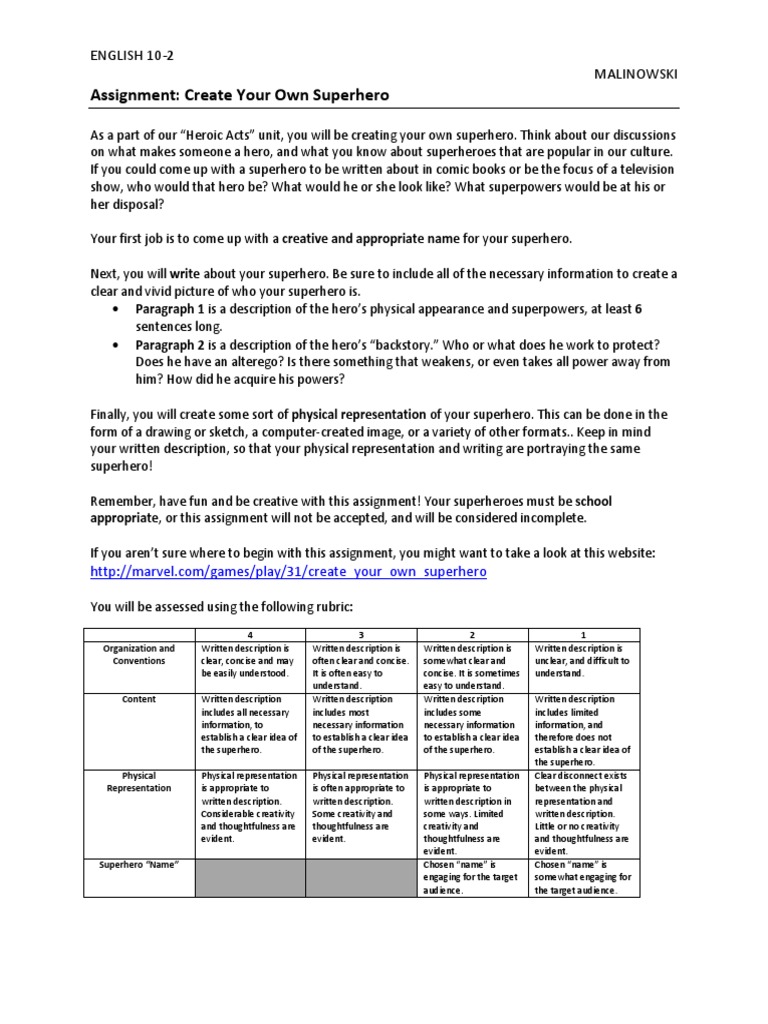 Assignment: Create Your Own Superhero: ENGLISH 10-2 Malinowski | PDF ...