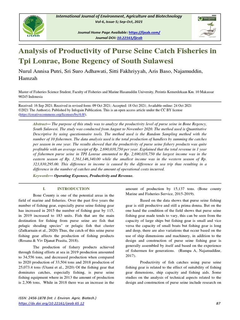 Analysis of Productivity of Purse Seine Catch Fisheries in Tpi Lonrae, Bone Regency of South ...
