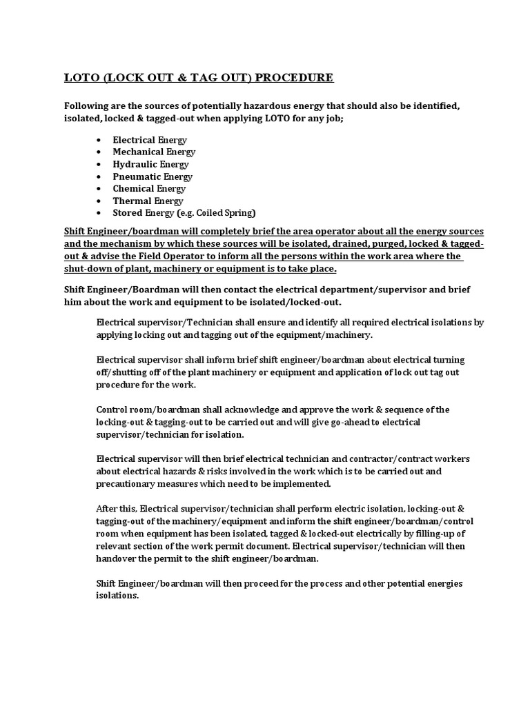 LOTO Procedure Guide for Isolating Energy Sources | PDF | Safety
