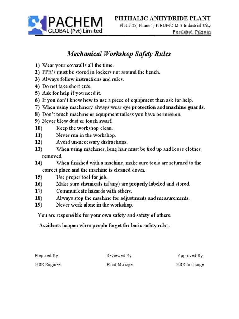 Mechanical Workshop Safety Rules: Phthalic Anhydride Plant | PDF
