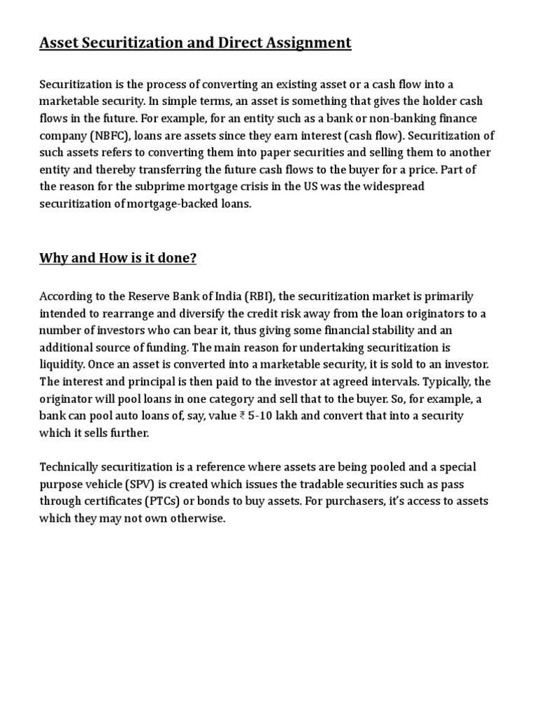 Asset Securitization and Direct Assignment | PDF | Securitization ...