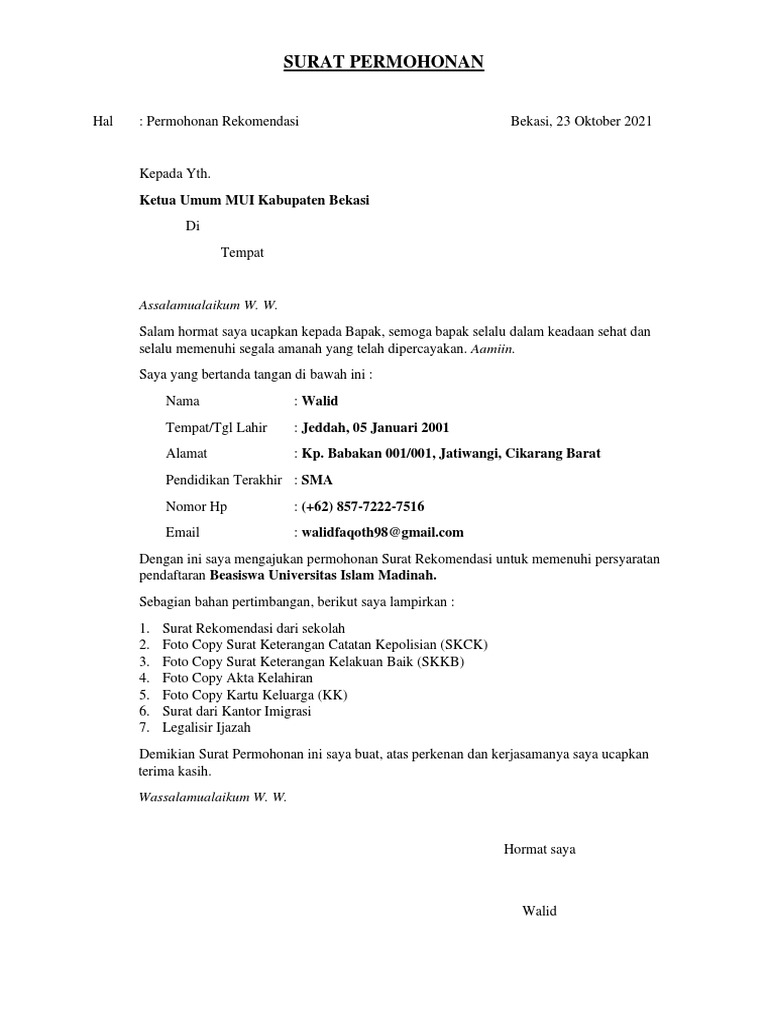Contoh Surat Permohonan Rekomendasi Mui | PDF