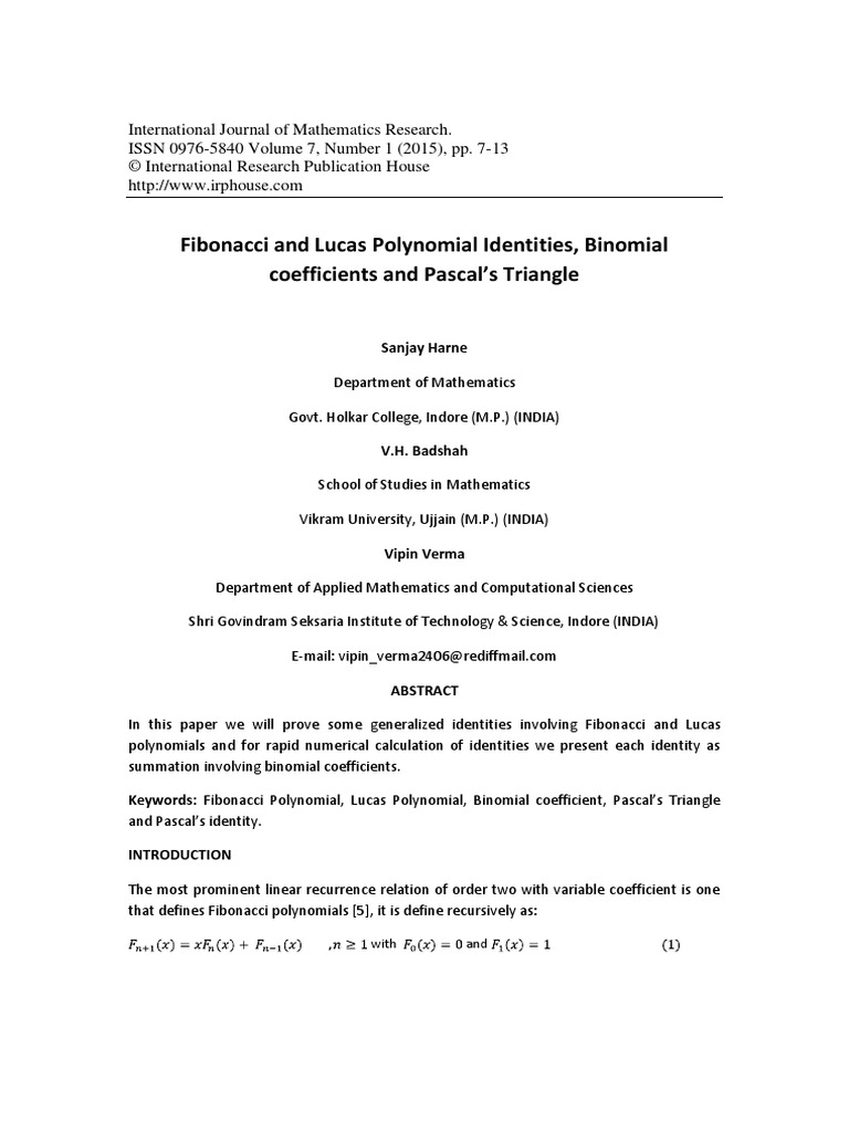 Fibonacci And Lucas Polynomial Identities Binomial Coefficients And Pascal S Triangle Pdf