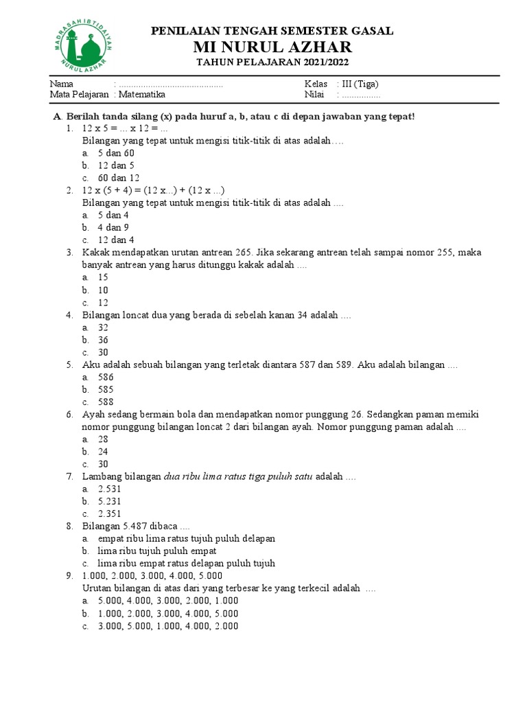 Soal PTS MTK Kelas 3 | PDF