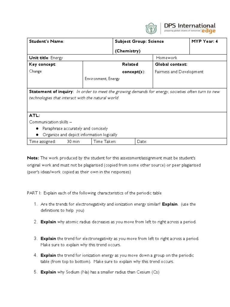 Week 12 Myp 4 HW | PDF | Periodic Table | Chemistry