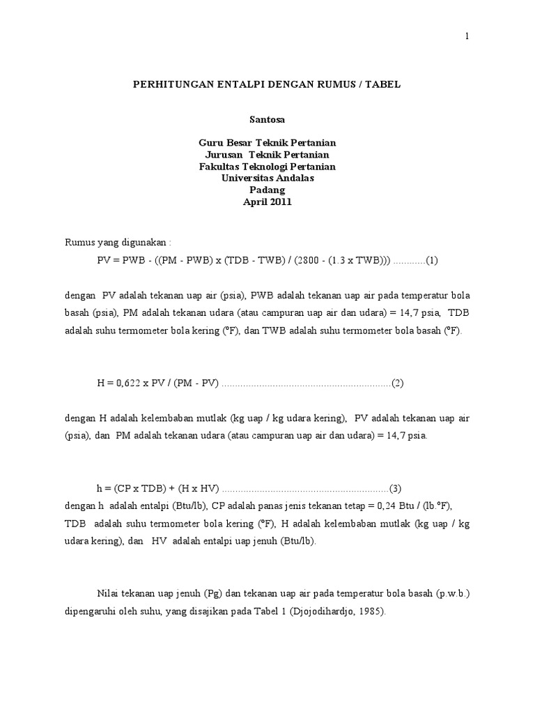Handout Perhitungan Entalpi Dengan Rumus / Tabel | PDF