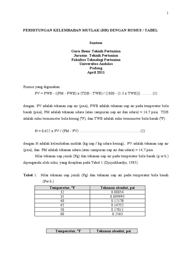 Handout Perhitungan Kelembaban Mutlak Dengan Rumus Tabel | PDF
