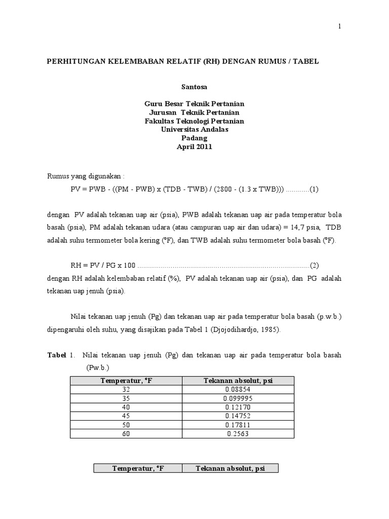 Handout Perhitungan Kelembaban Relatif Dengan Rumus / Tabel | PDF