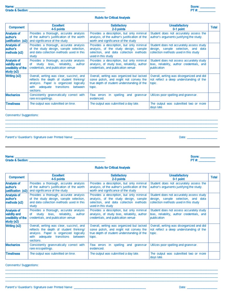 Rubric For Critical Analysis | PDF | Critical Thinking | Rubric (Academic)