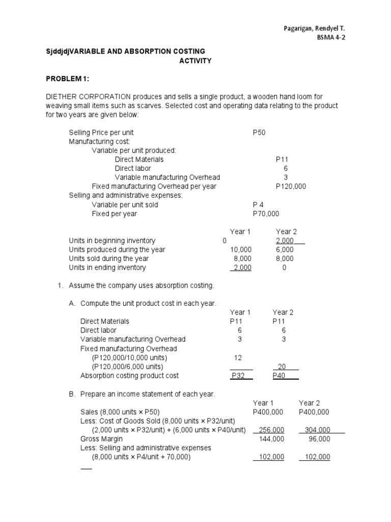 Variable and Absorption Costing Activity (Pagarigan, R.) | PDF | Cost Of Goods Sold | Gross Margin