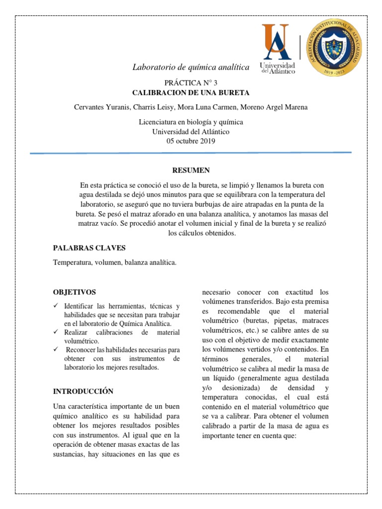 Calibración de Bureta en Química Analítica | PDF | Volumen | Densidad