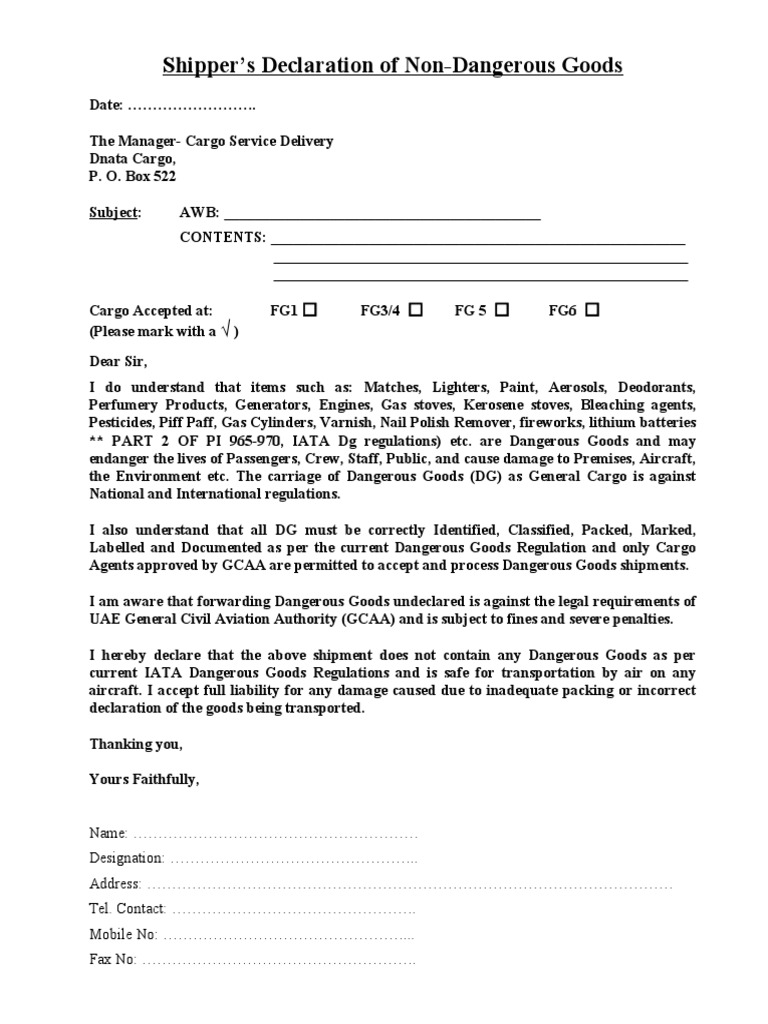Shipper Non-Dg Letter Decl | PDF