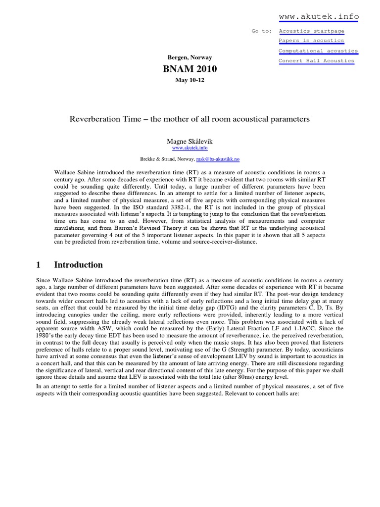 Importance of Reverberation Time in Acoustics | PDF | Acoustics ...