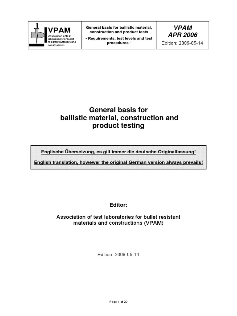 VPAM Ballistic Testing Standards 2009 | PDF | Bullet | Projectiles