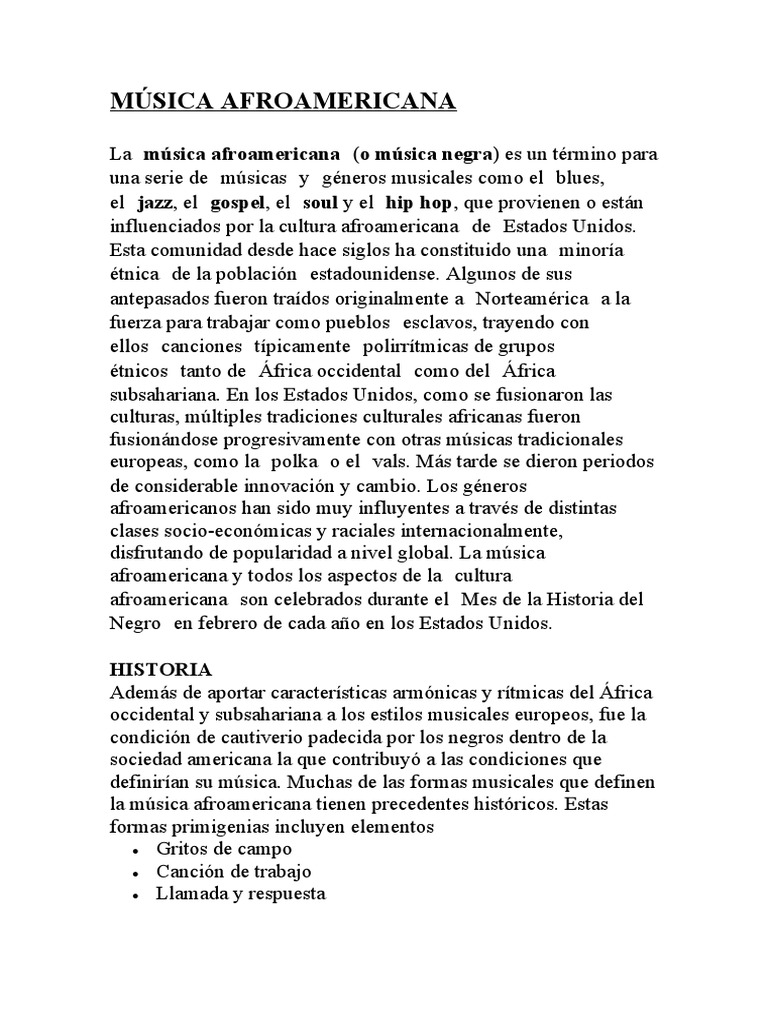 HISTORIA de La MÚSICA AFROAMERICANA | PDF | Musica Afroamericana ...