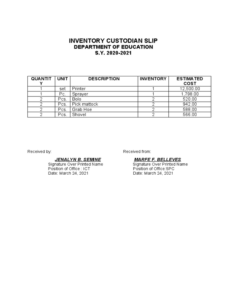 Inventory Custodian Slip | PDF